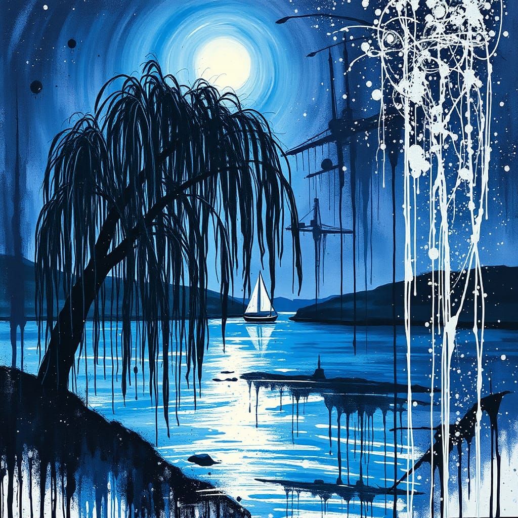 dripping willow - Surreal Moonlit Willow in Pollock-Inspired...
