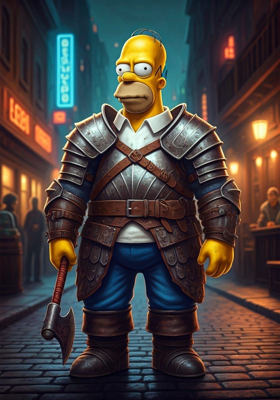 Surreal Warrior Homer Simpson in Urban Fantasy Set... - AI Art