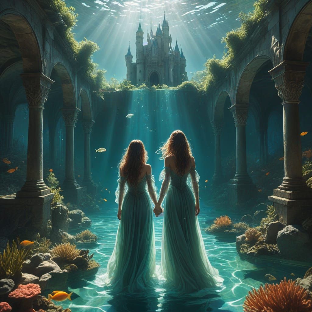 Ethereal Goddesses Swim Towards a Gothic Underwate... - AI Art