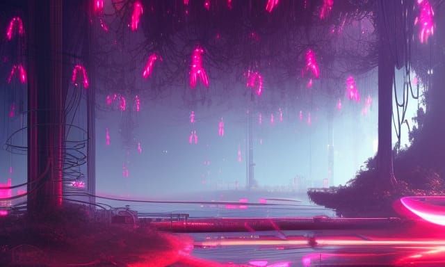 cyberpunk nature, cyberpunk trees, neon glowing cyber-plants, glossy ...