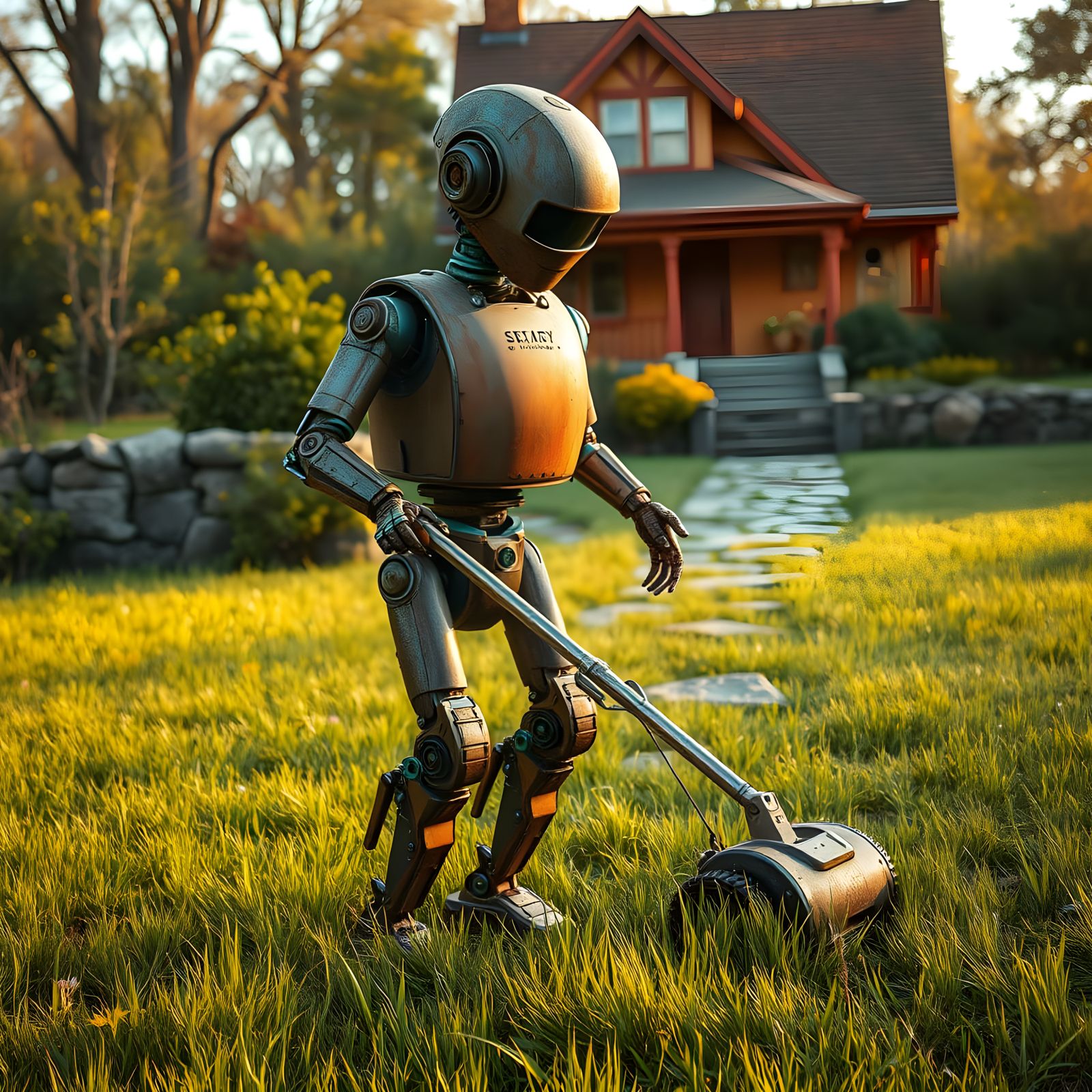 The lawn mower - Rusty Robot in Mid Shot, Mowing the Lawn i...