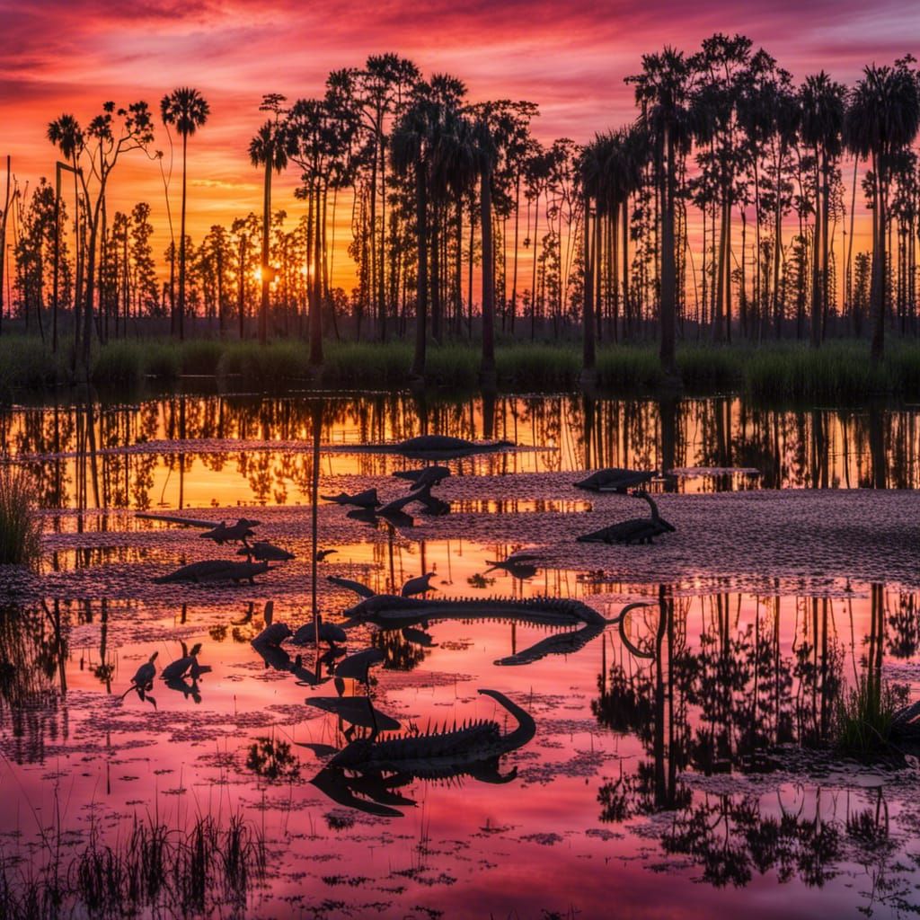 A dramatic sunset scene at a swamp, with silhouettes of alligators ...