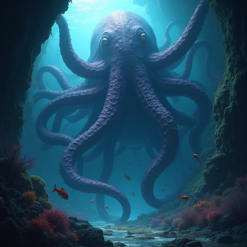 Colossal Kraken Emerges in Bioluminescent Underwat... - AI Art