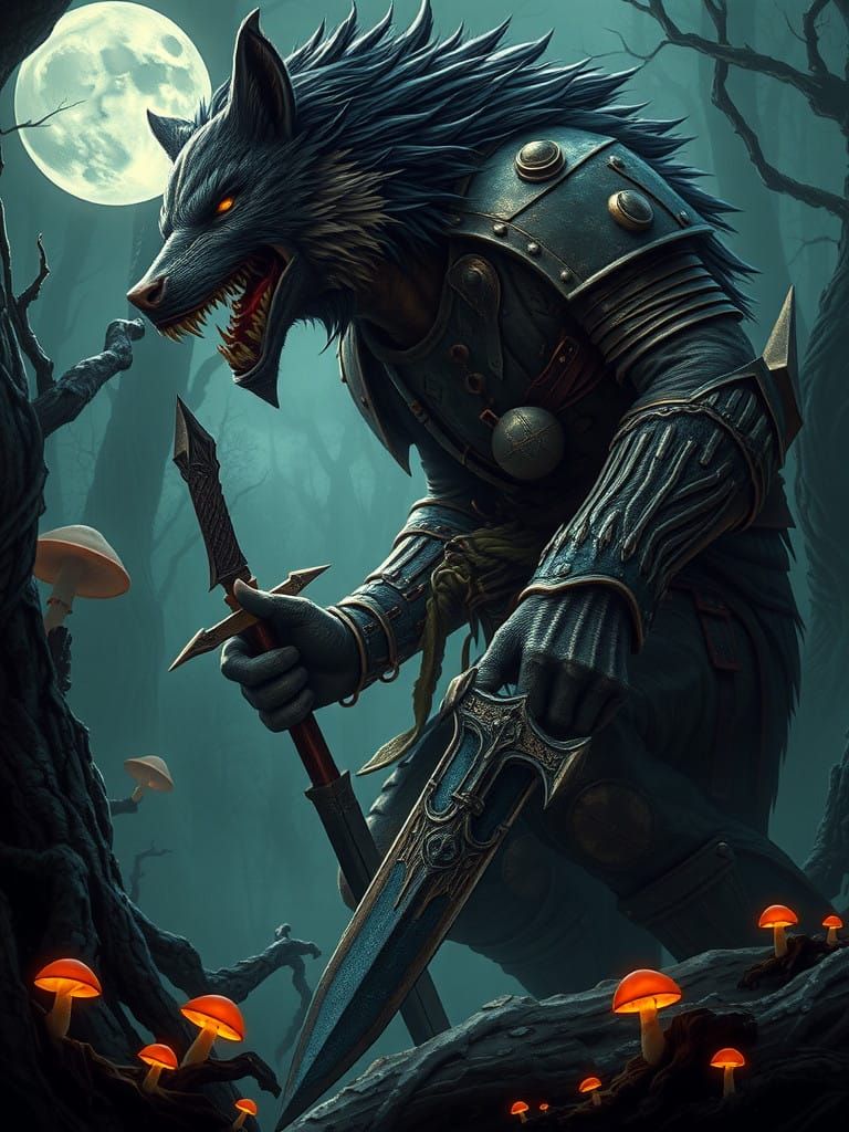 Terrifying Iron Werewolf Stands Amidst Glowing Mus... - AI Art