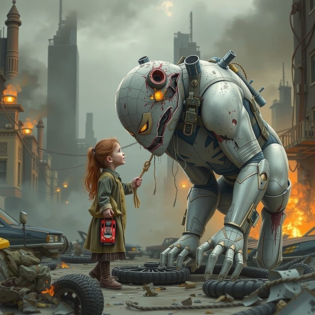 Emotional post-apocalyptic illustration. The wounded Spider-Man (the ...