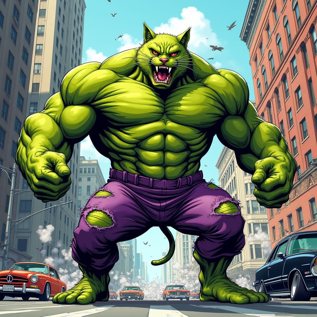 i am hulk cat - Furious Green Cat Smashes City in Comic Boo...