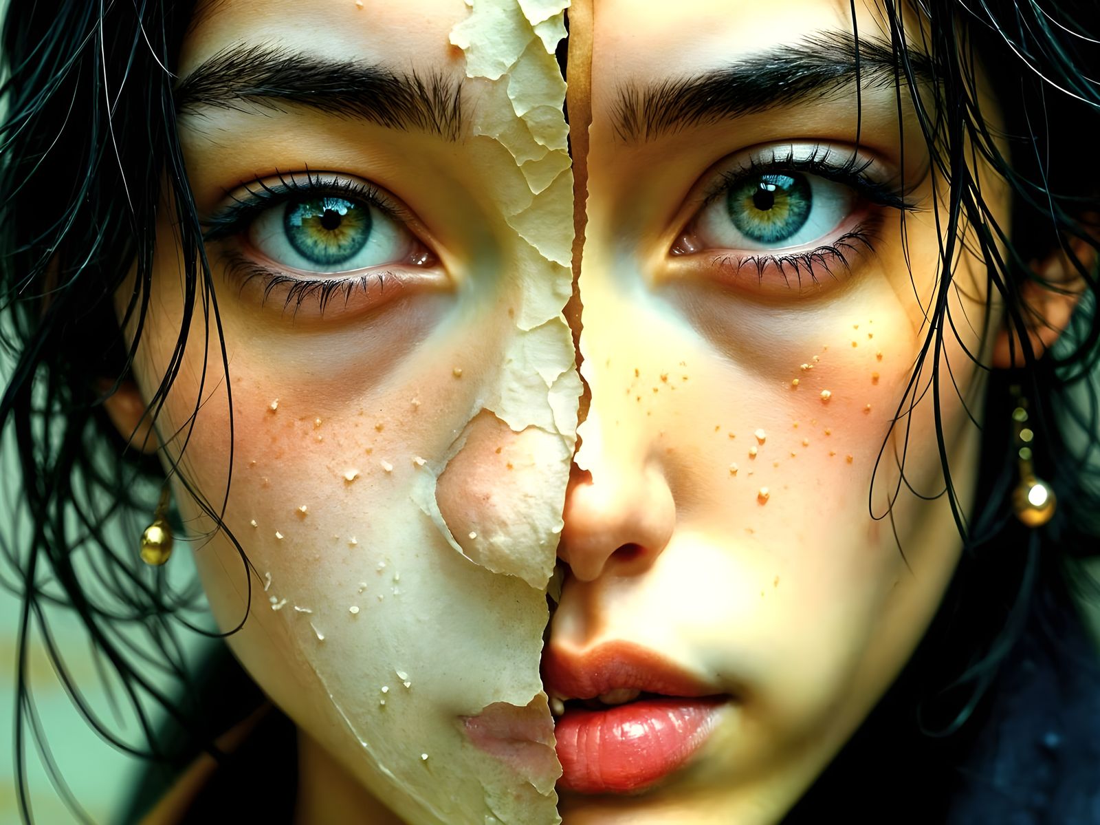 Close up,. A split personality. The same face. One side that hungers for attention. The other ...