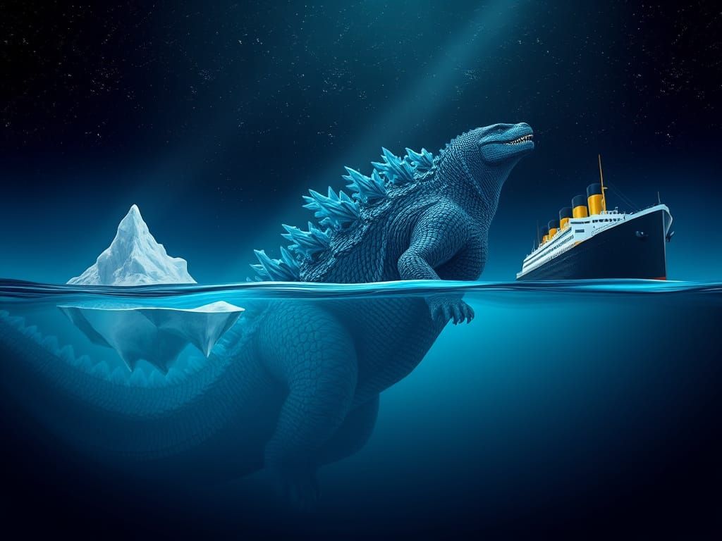 A cinematic illustration depicting a surreal scene combining Godzilla ...