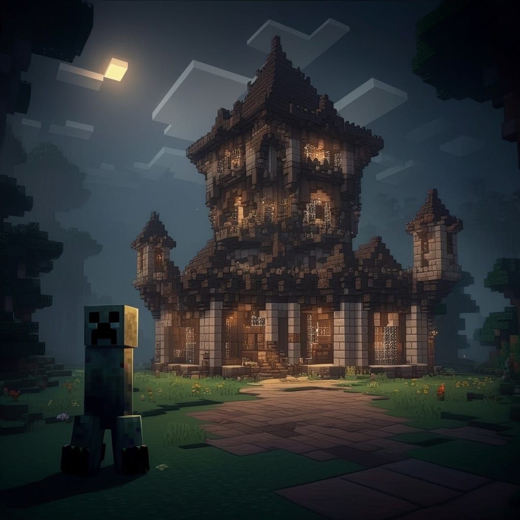 minecraft best build of a castle with a creeper nearby.