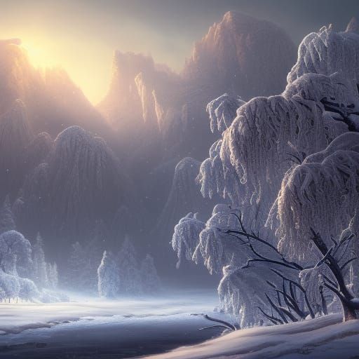 winter landscape, snowcovered nature detailed matte painting, deep ...