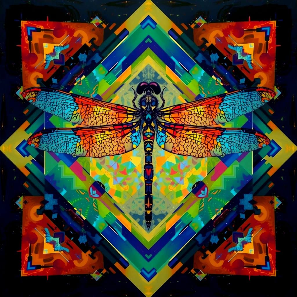 Dragonfly Scarf - Psychedelic Glitchcore Dragonfly in Cubist...