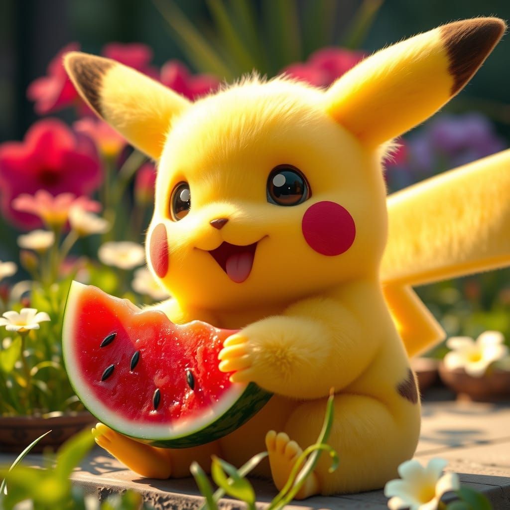Cute Baby Pikachu Enjoying Watermelon in a Whimsic... - AI Art