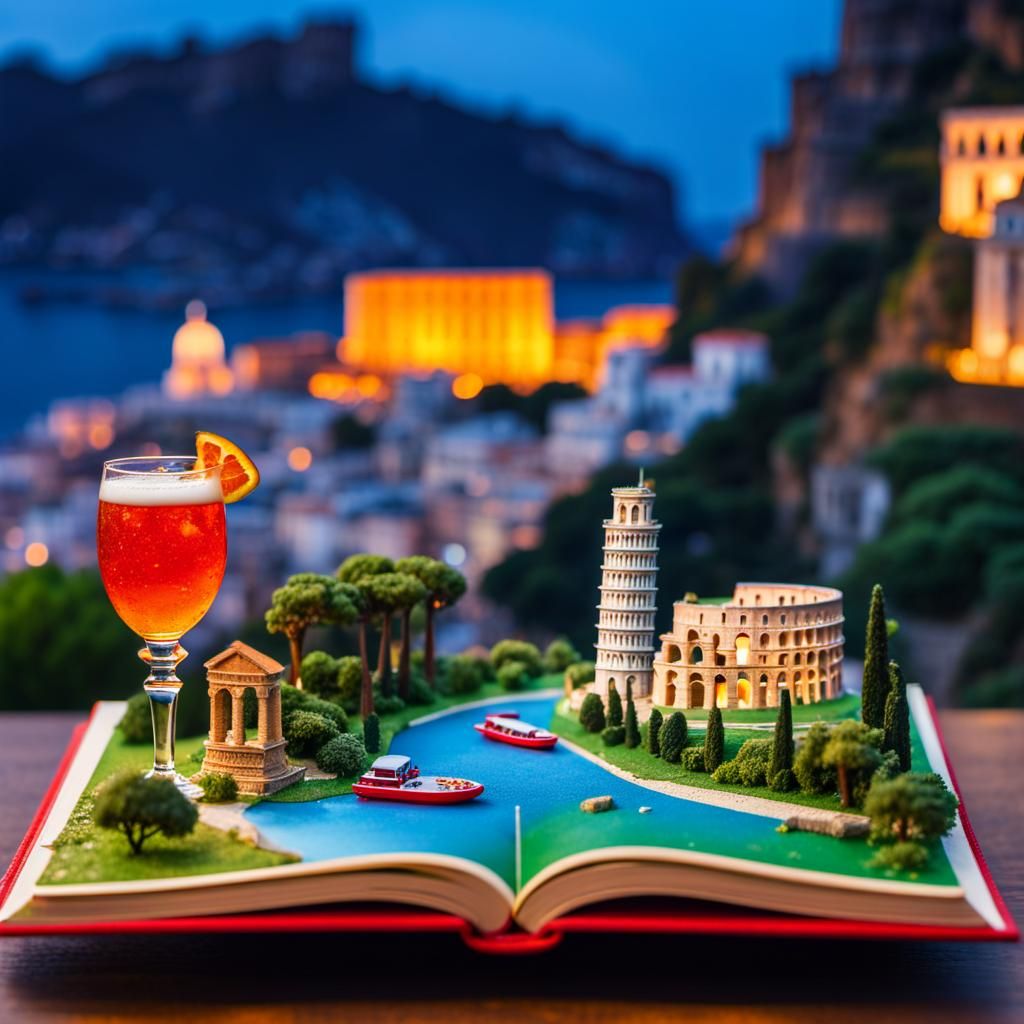 Miniature symbols of Italy placed on a pop-up book - AI Generated ...
