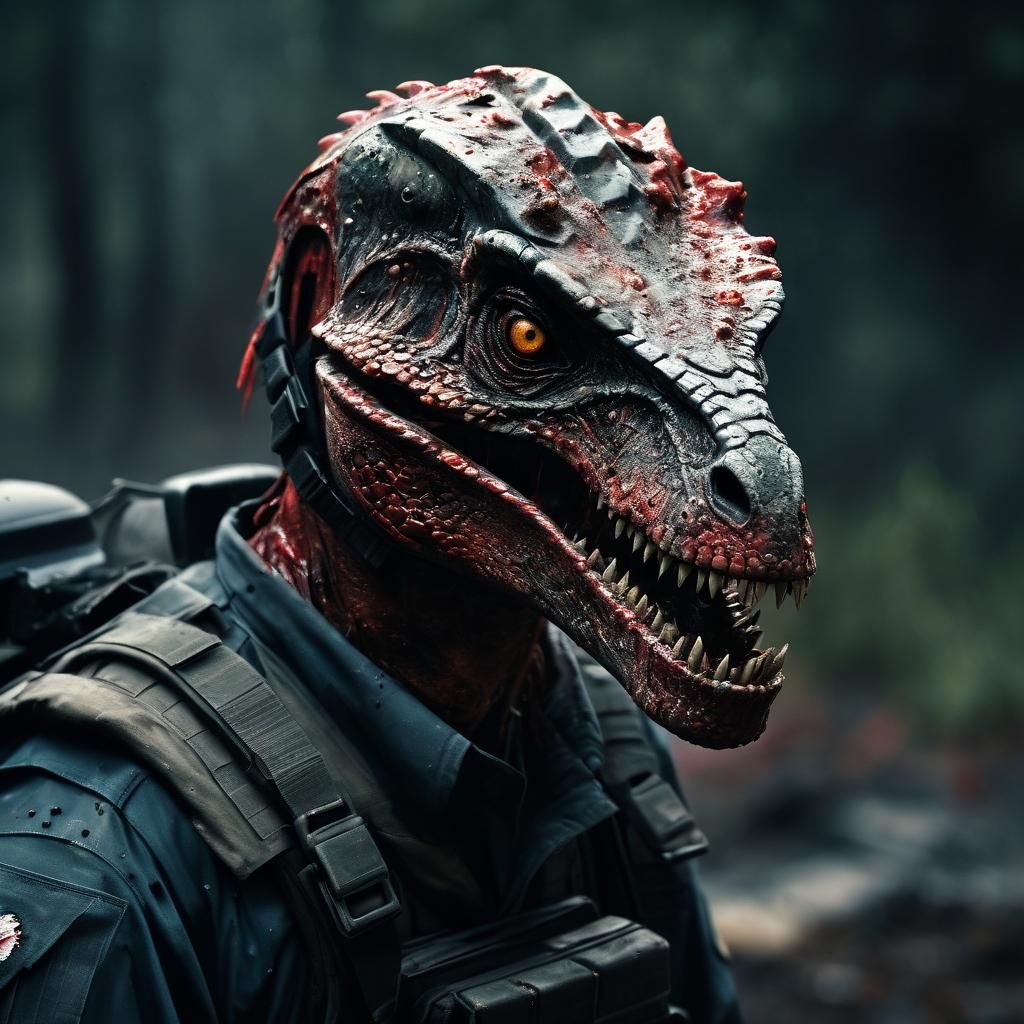 Hyperrealistic velociraptor in swat uniform in combat.