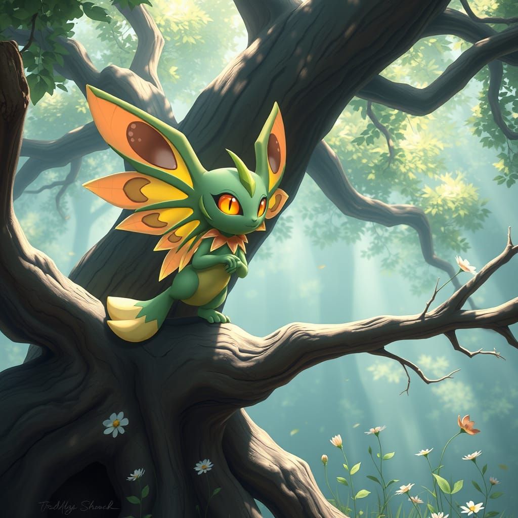 Ancient Celebi on Great Deku Tree Branch - AI Art