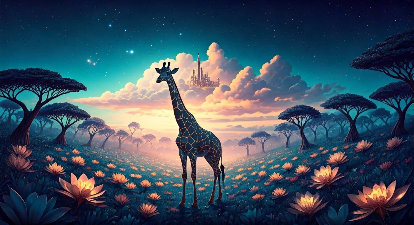 giraffe - Celestial Giraffes in Iridescent Dreamscape
