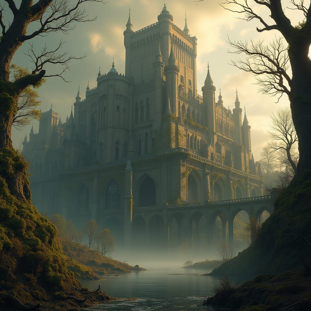 Steampunk Castle Citadel in Ruins, Overgrown with ... - AI Art