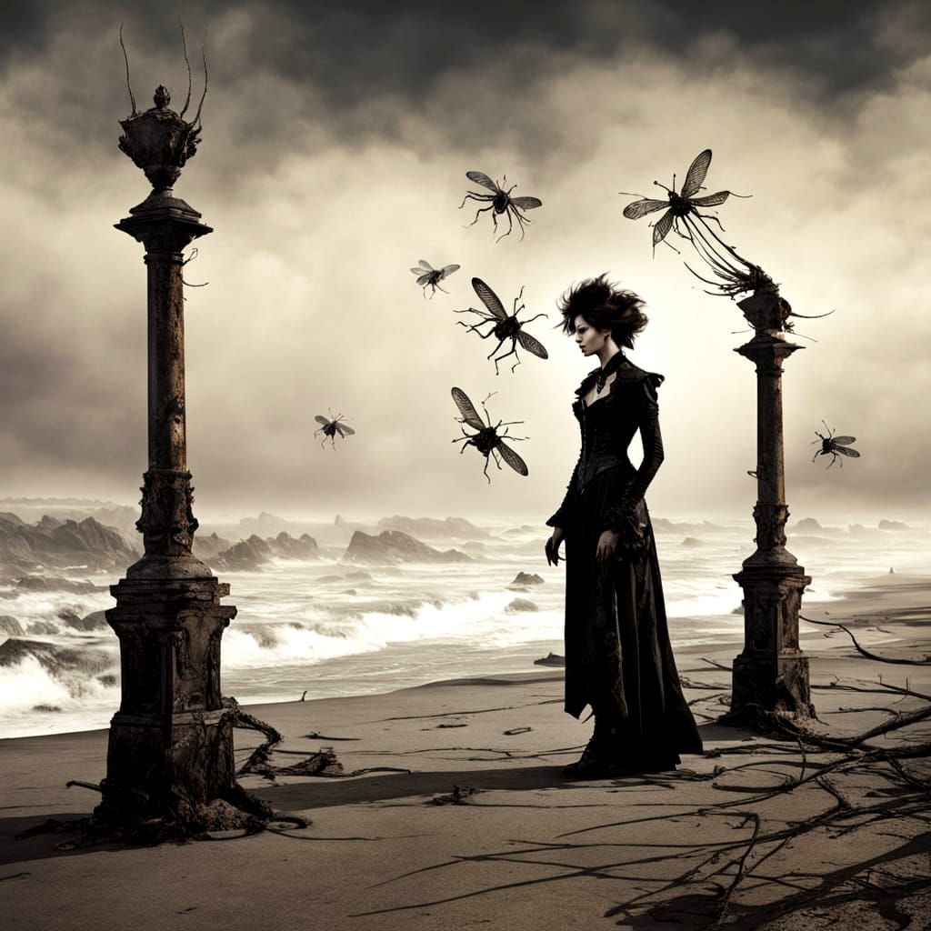 Apocalyptic Gothic Beach Scene in Sepia - AI Art