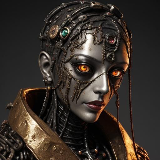 Close-up metallic mummy patched liquid and glitter sculpture with weird ...