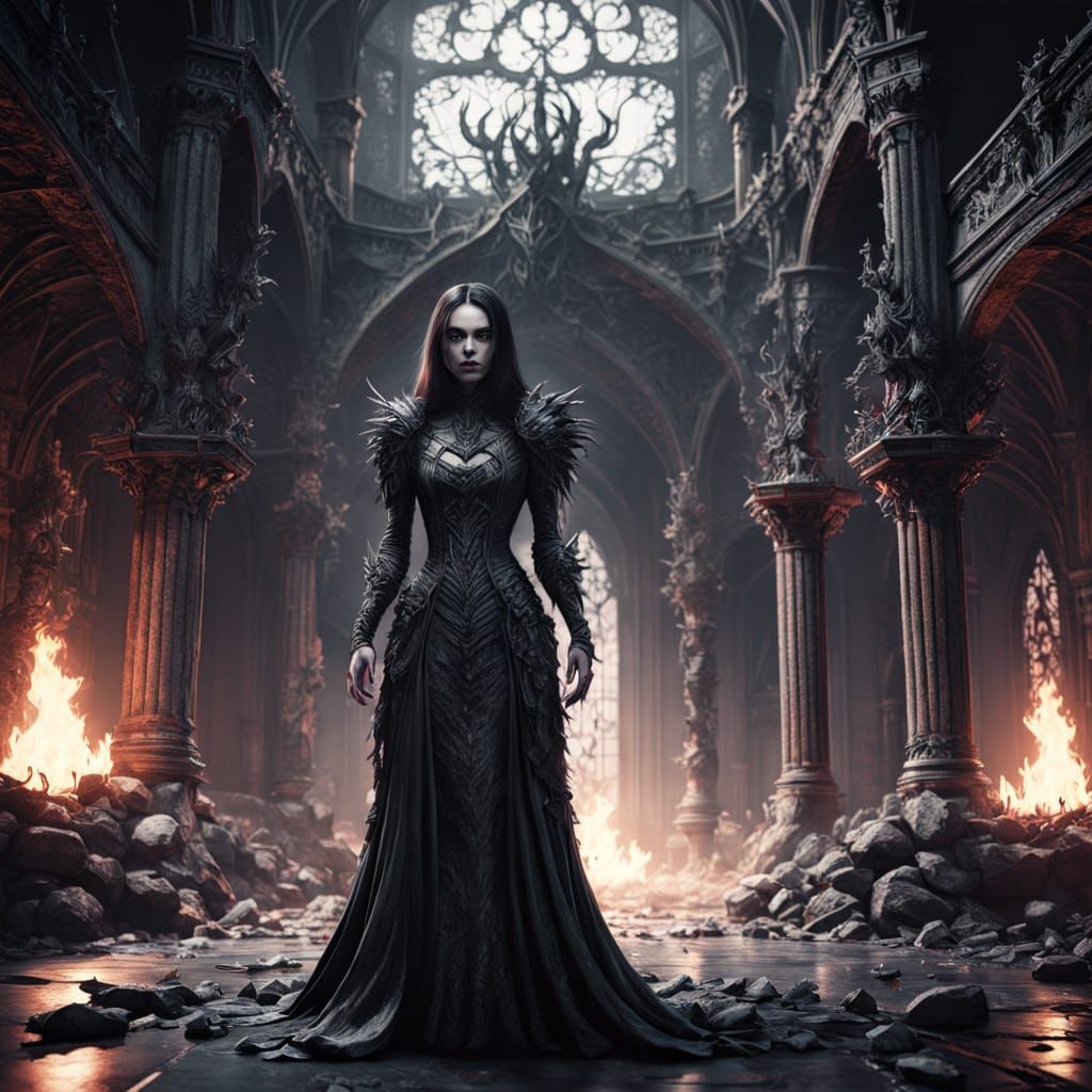 Regal Vampire Goddess in Fiery Gothic Abode - AI Art