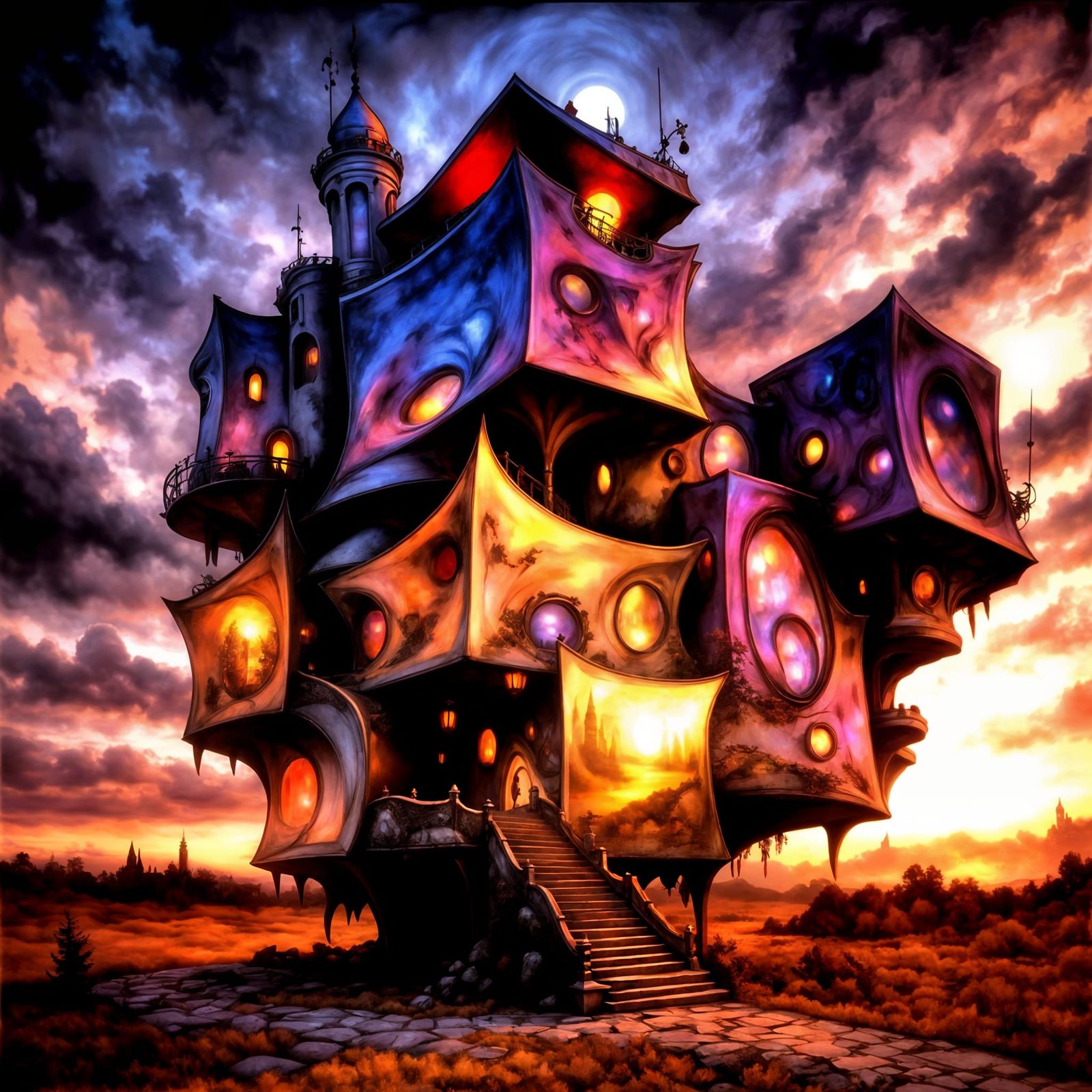 Sunset, victorian House, iridescent weird futuristic architecture ...