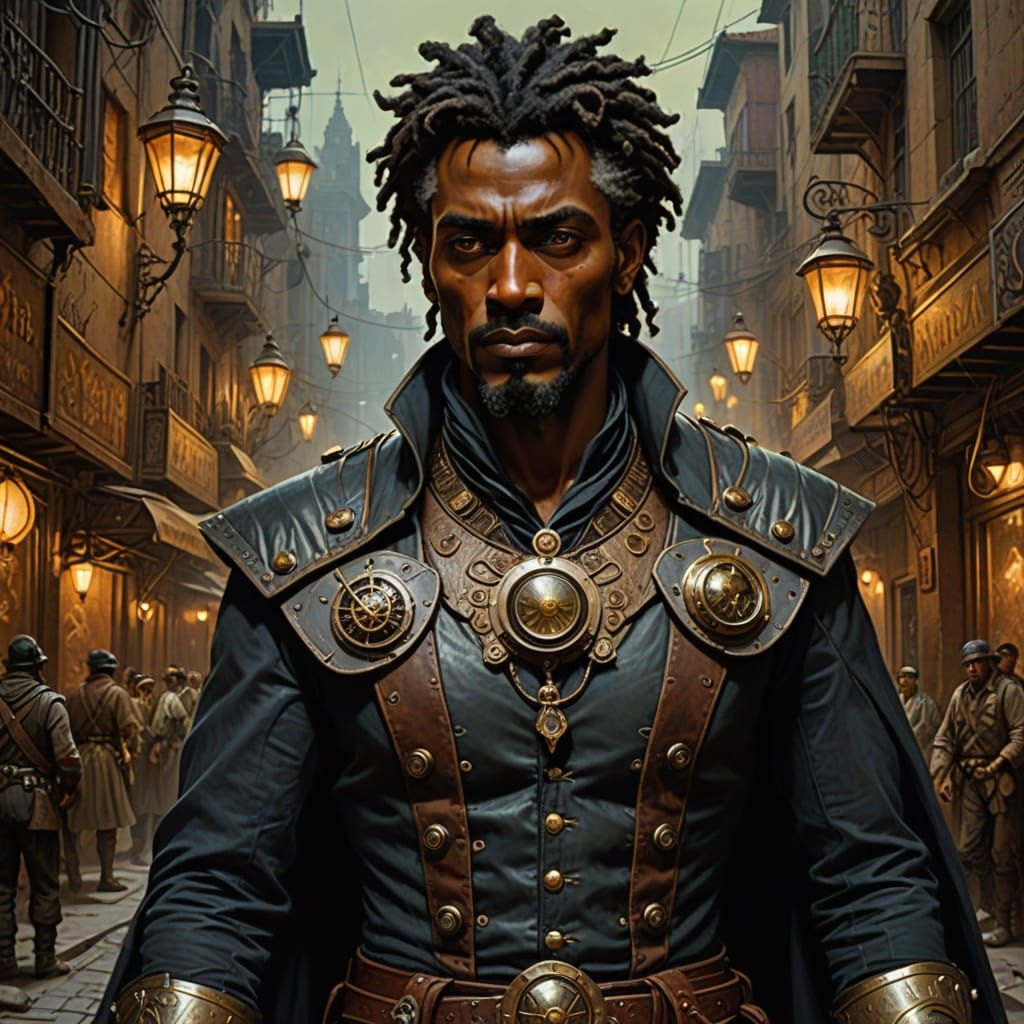 Ethiopian Steampunk Thief in Radium-Punk City: Oil... - AI Art