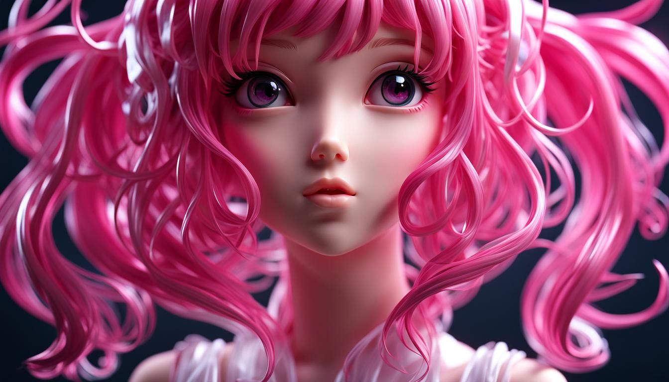 Sculpture of a anime girl with pink hair ::made entirely of jelly ...