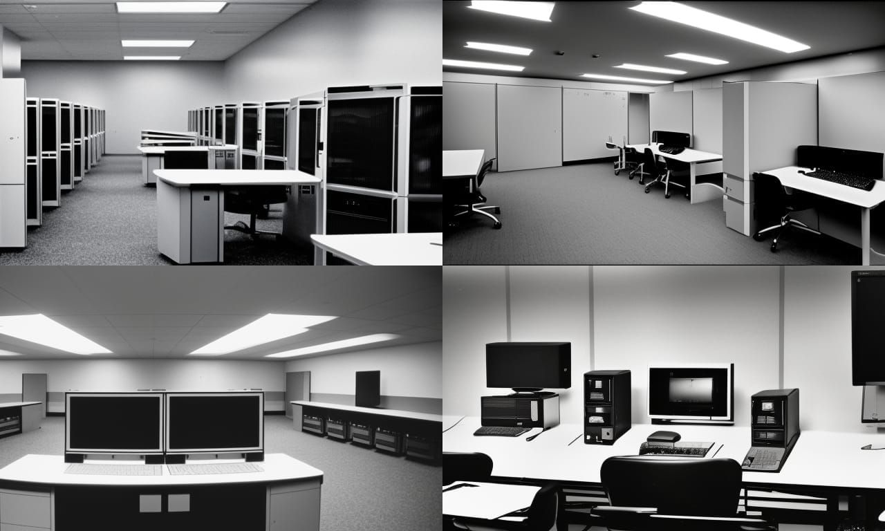 A computer room and a mainframe computer. We can see a monitor screen ...