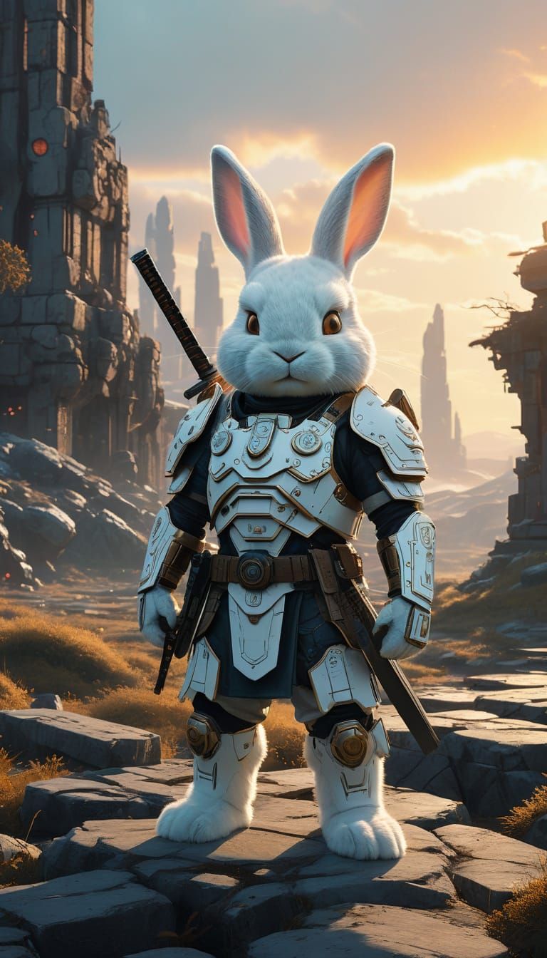 Rabbit hero stands confidently — fluffy white fur, big expressive eyes,