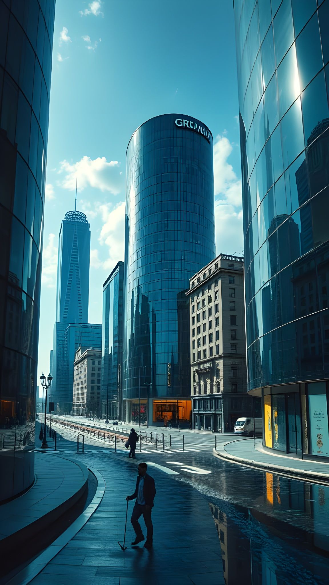 Distorted City Reflections in Blue and Silver - AI Art