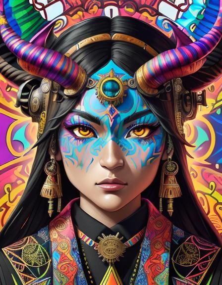 Hyper detailed cubist psychedelic artwork of a buffalo with magnificent ...