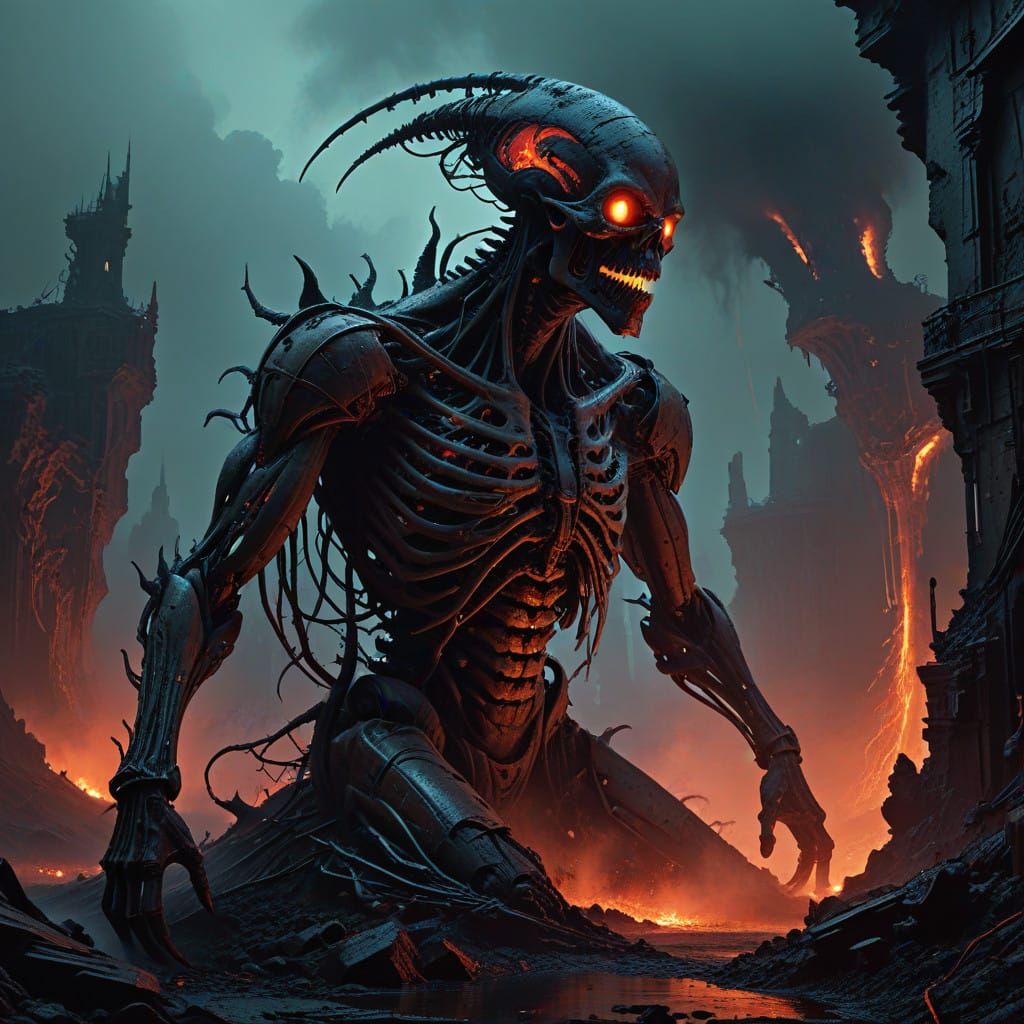 Twisted, nightmarish biomechanical alien monstrosity emerging from the ...