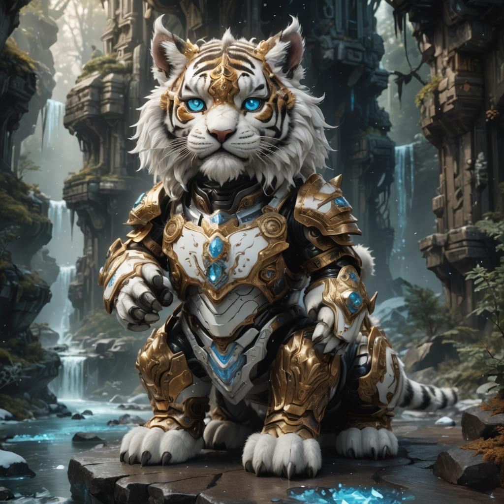 black chibi white snow tiger head centaur; blue eyes; black stripes ...