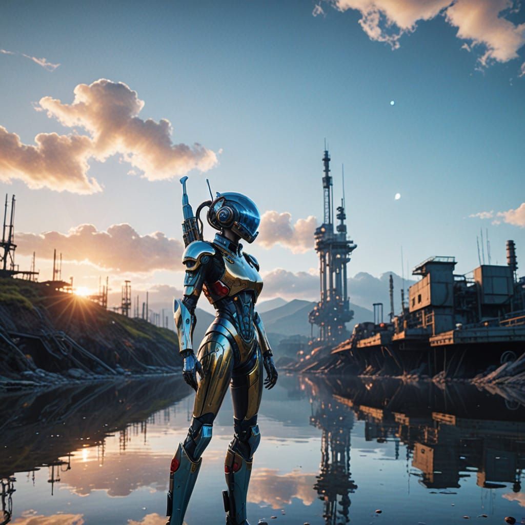 Cyborg Scientists in Epic River Terraforming Scene - AI Art