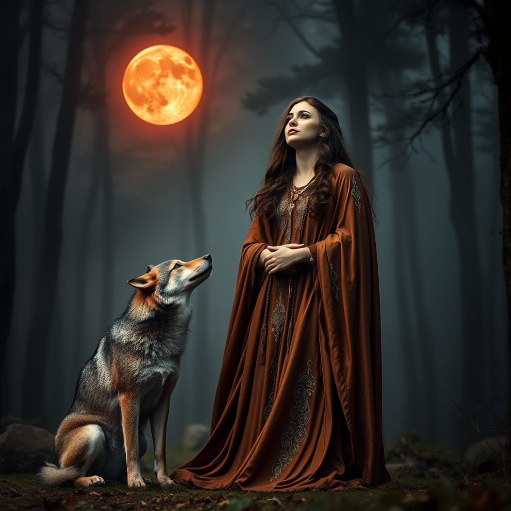 Female Wiccan, Masterpiece, ethereal, wolf, full b... - AI Art