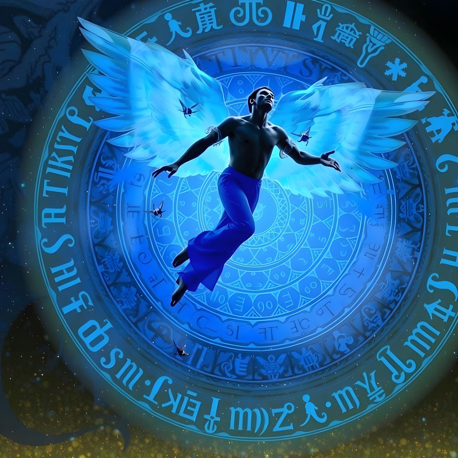 radiant deep glowing blue!!! man floating off the ground with large ...