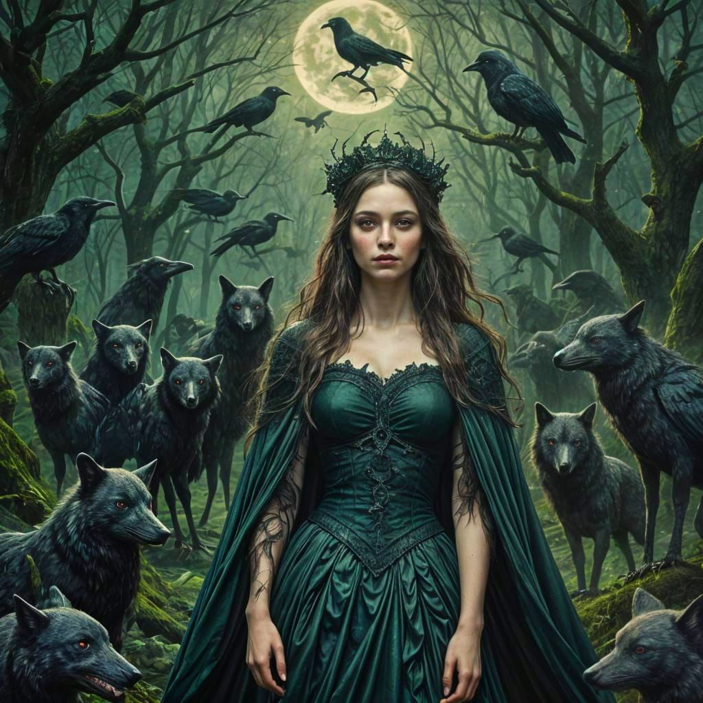 Ancient gothic princess in a dark deep green forest at night with crows ...