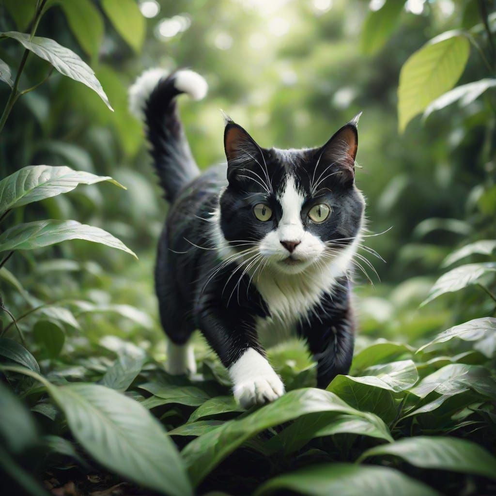 A color image of a black and white furred cat pouncing on a leaf