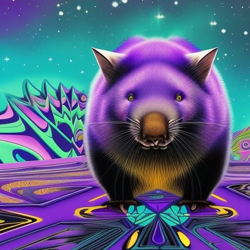 purple wombat sitting in a wheelchair, hyperdetailed psychedelic retro ...