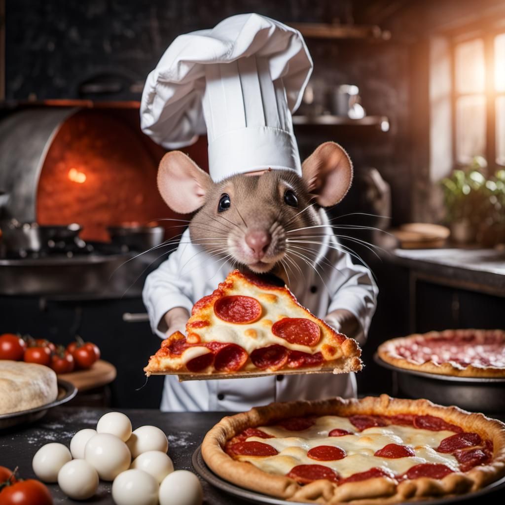 Cinematic Photograph, mouse in the kitchen wearing chef hat, chef suit ...
