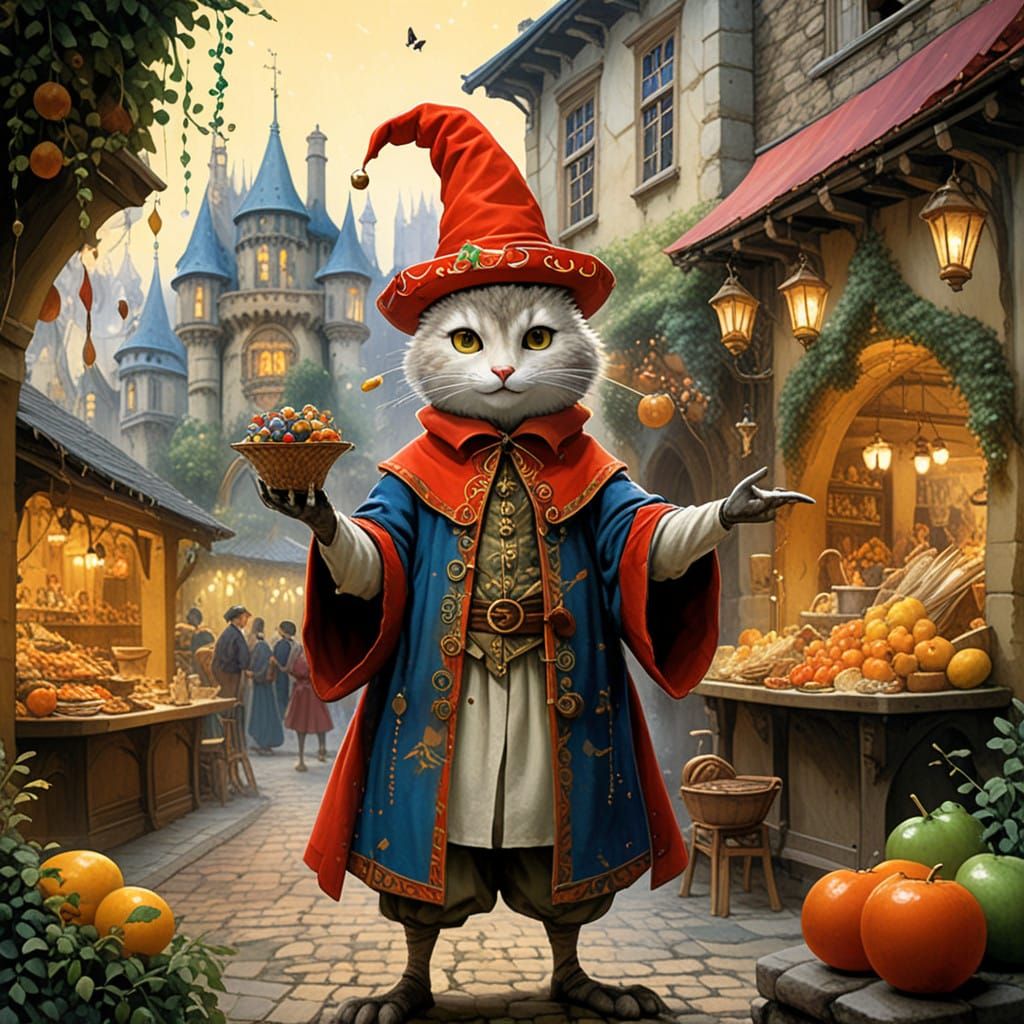 Whimsical Jester in a Medieval Courtyard, Juggling... - AI Art