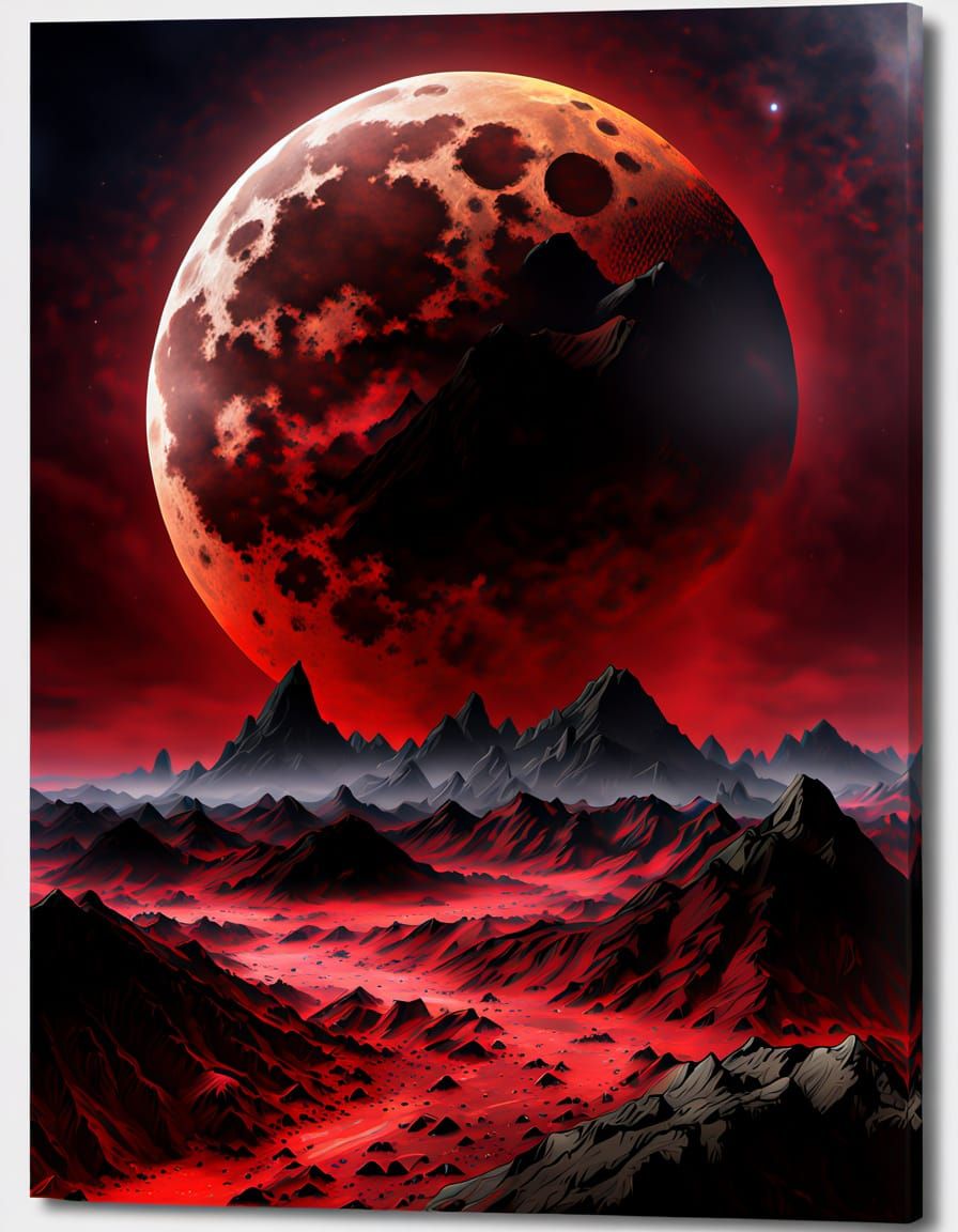 Hematite Moon Turns Blood Moon: Surreal Oil Painti... - AI Art