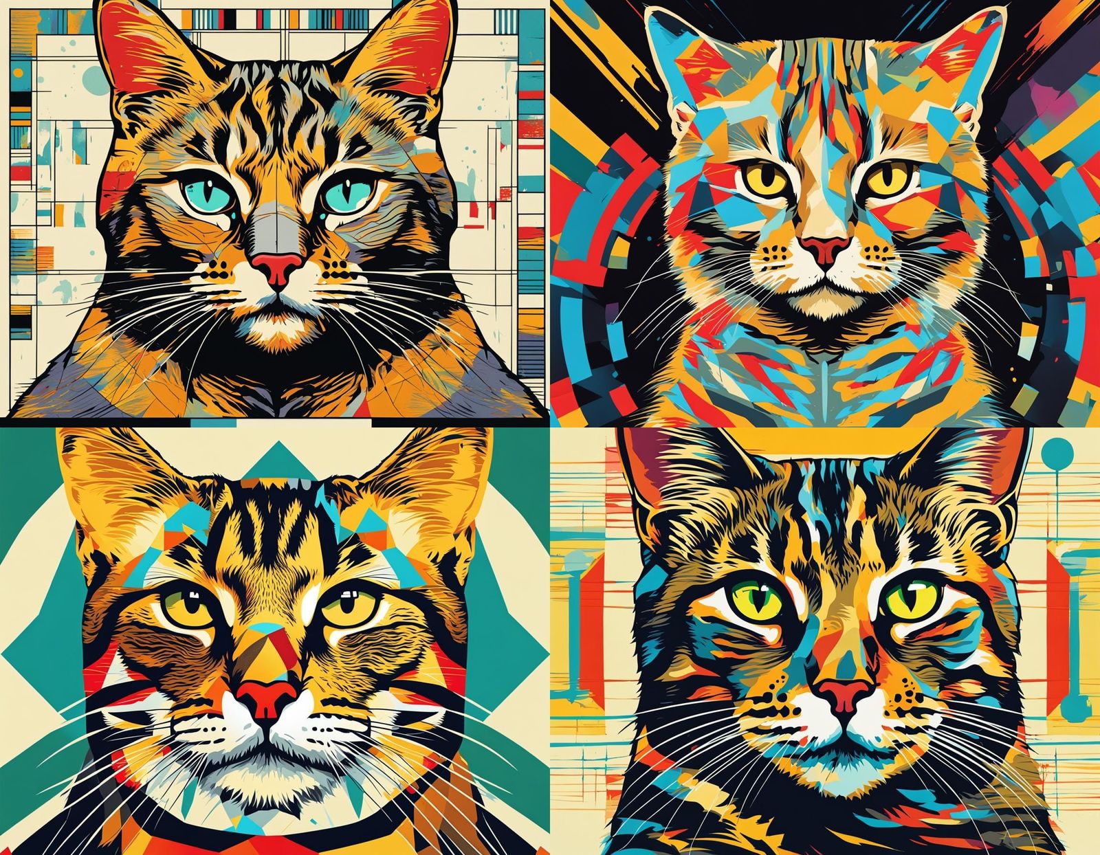 large tabby cat head Screen print, pop art, splash screen art, triadic ...