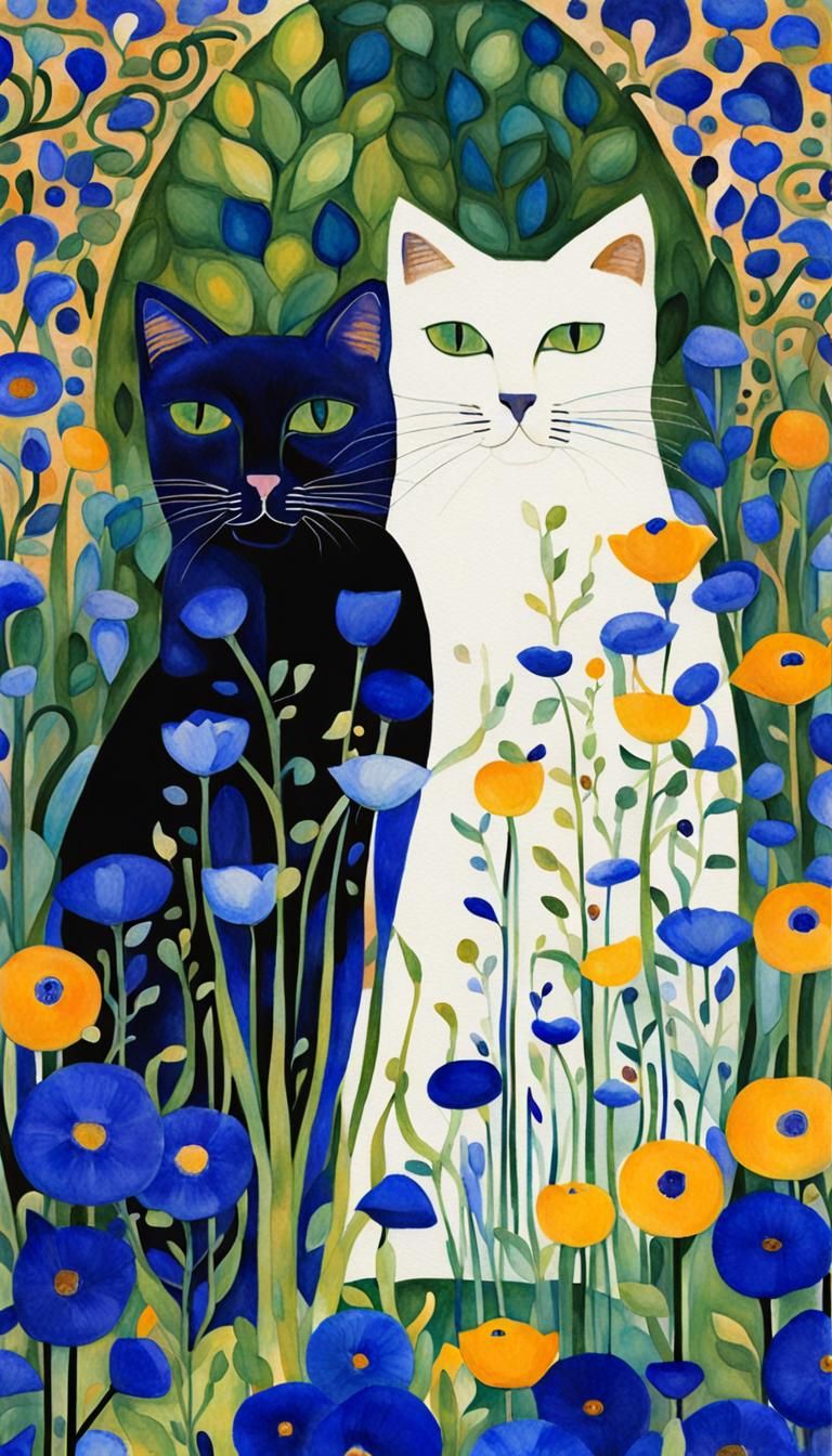 gustav klimt style cats ,in a garden,the flowers have cobalt and cobalt ...