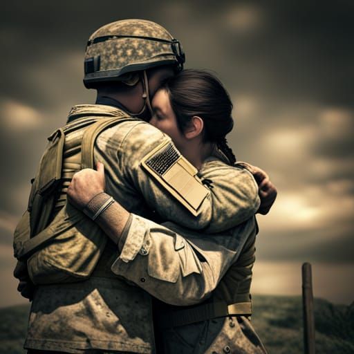 A Male And Female Soldier Hug Each Other - AI Generated Artwork ...
