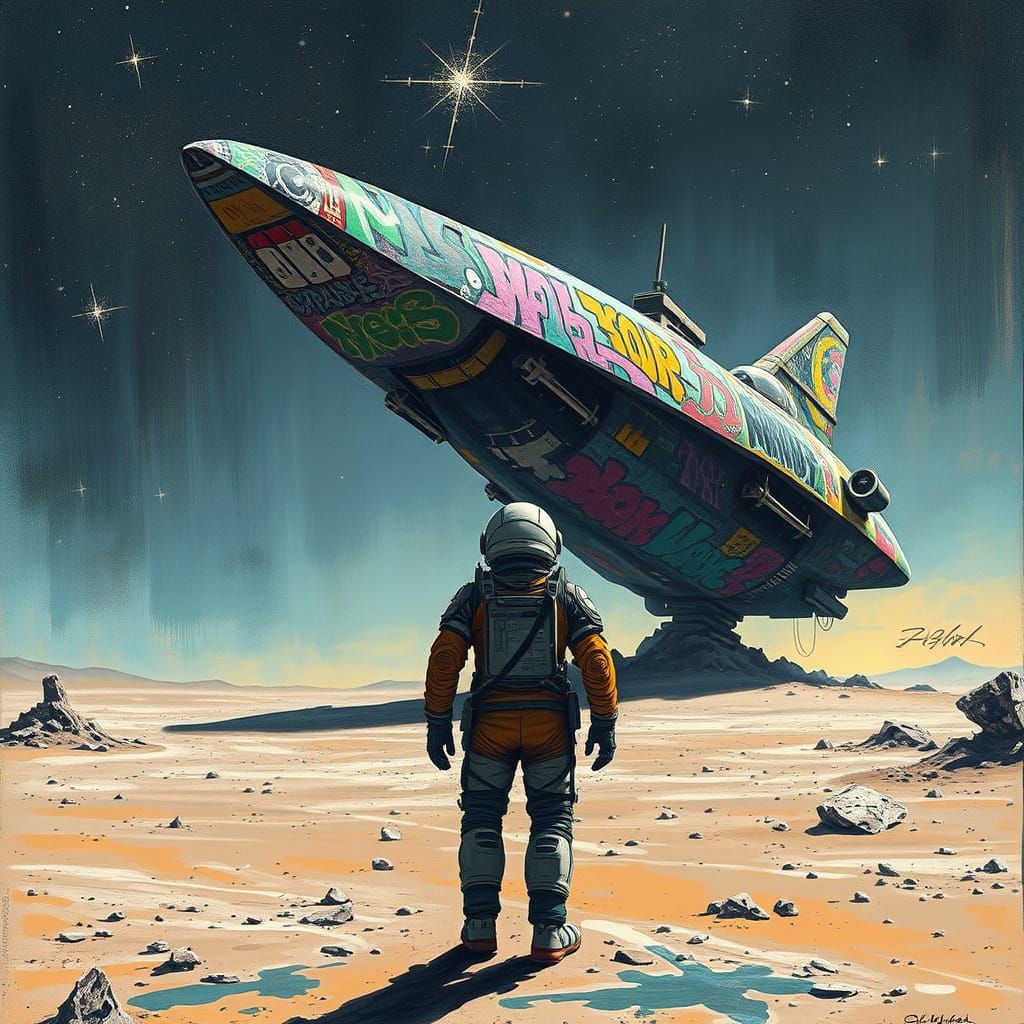 Astronaut Watches Graffiti Spaceship: Basquiat, Me... - AI Art