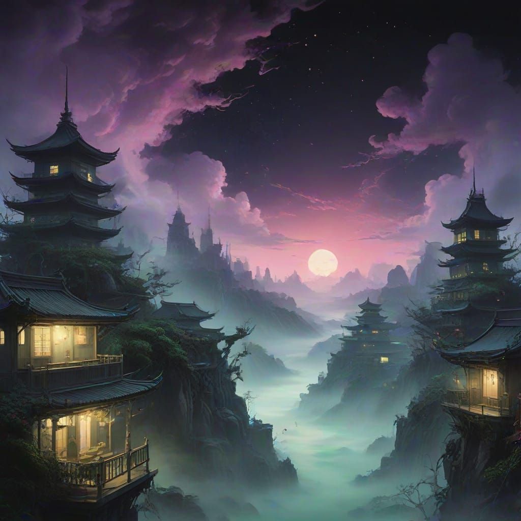 Studio Ghibli animation style, urban mist