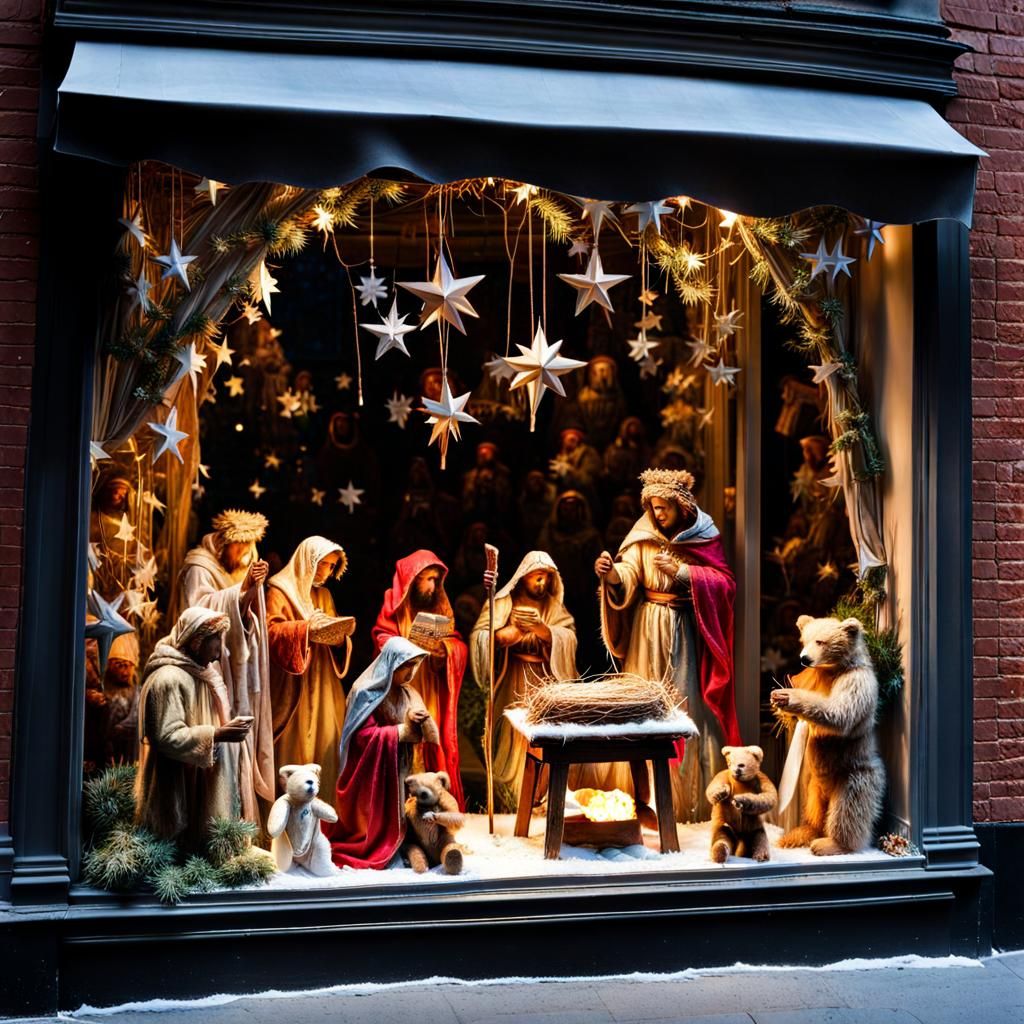 Teddy Bear nativity scene in a toy store window - AI Generated Artwork ...