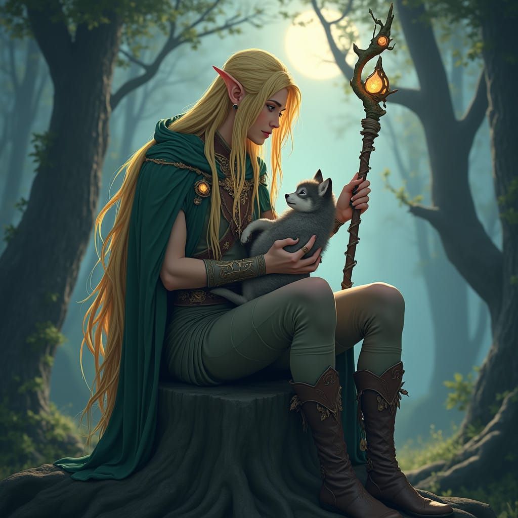 Tall fit female elf with long bright blonde hair in Druid gear holding ...
