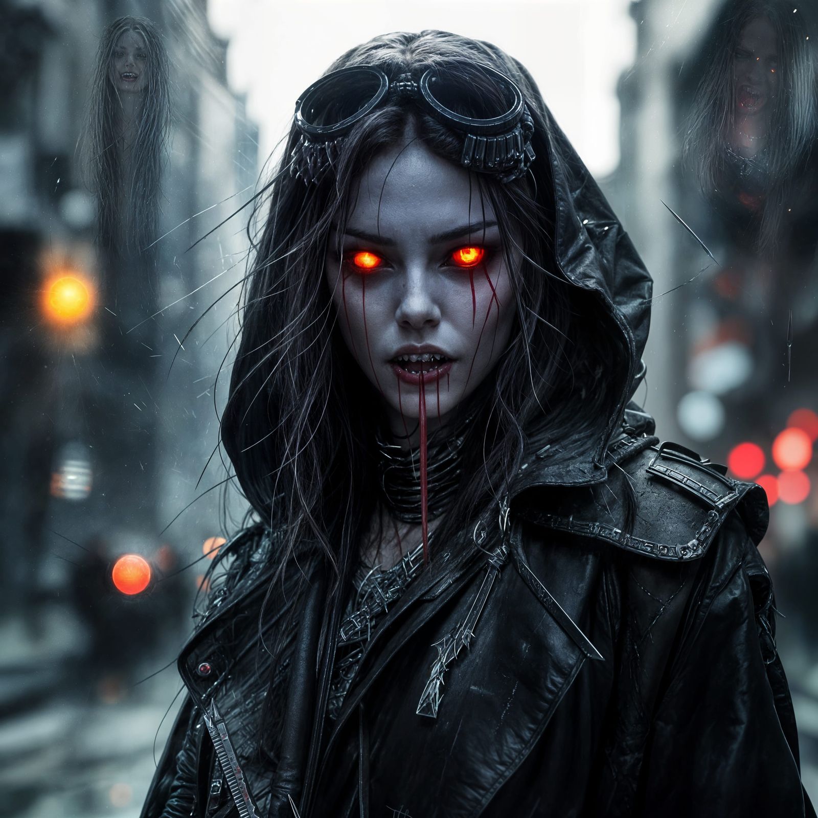 A female cyberpunk vampire with visible ((long razor-sharp fangs:1.5 ...